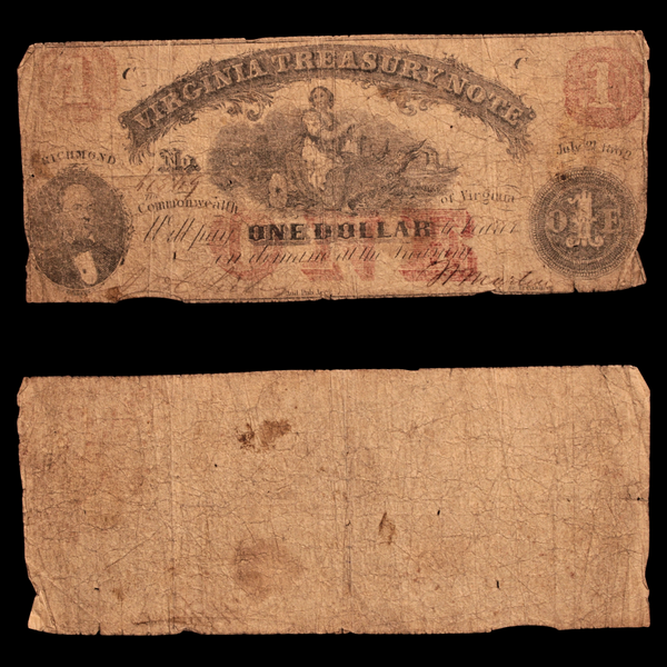Confederate States, Virginia Treasury $1 Note - 1862 - American Civil ...