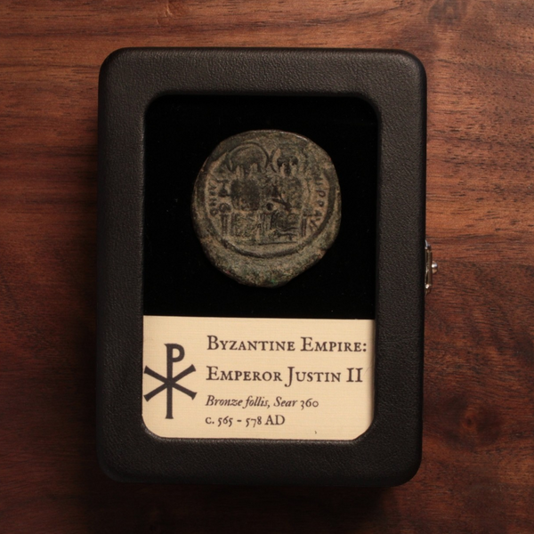 Byzantine, Emperor Justin II with Sophia, Bronze Follis (Sear 360) - c ...