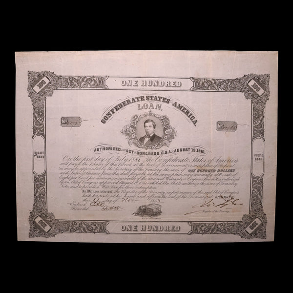 Confederate States of America, $100 Bond, Edward Elmore (Treasurer of ...