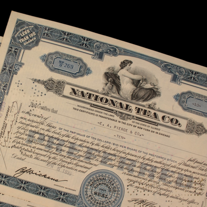 National Tea Co. Stock Certificate - 1930s - Grocery Store Chain ...