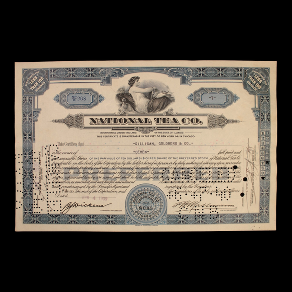 National Tea Co. Stock Certificate - 1930s - Grocery Store Chain ...