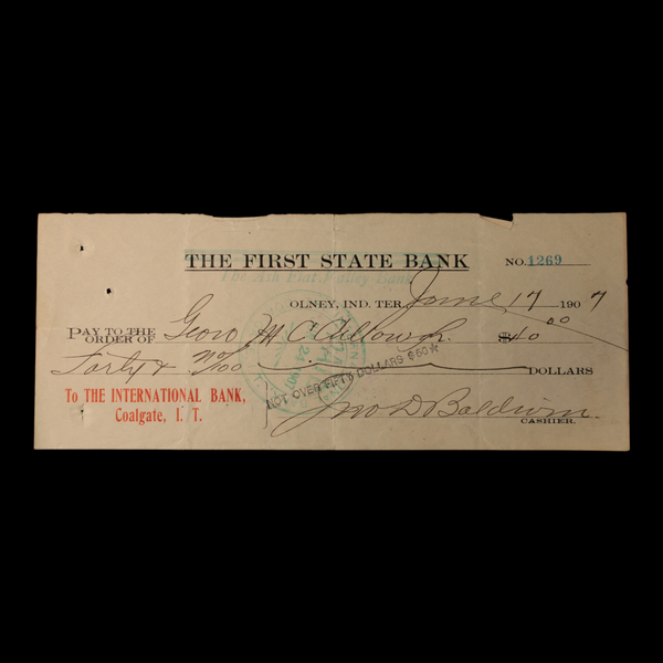U.S. Indian Territory Check (#1) - 1907 - History Hoard