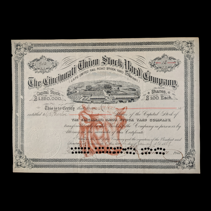 Cincinnati Union Stock Yard Co. Stock Certificate - 1880's - Meatpacki ...